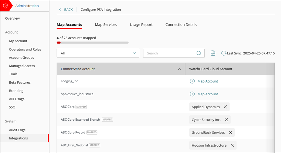 Map PSA Tool Accounts and WatchGuard Cloud Accounts
