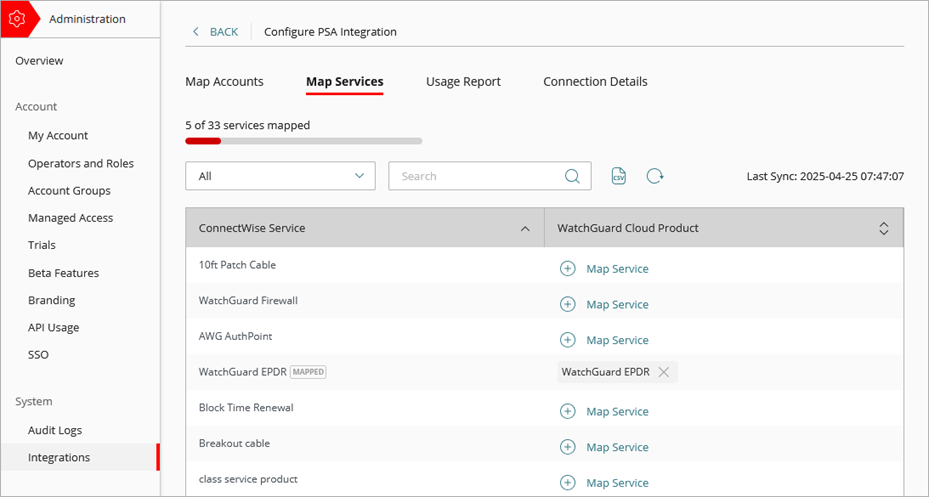 Map PSA Tool Services and WatchGuard Cloud Products