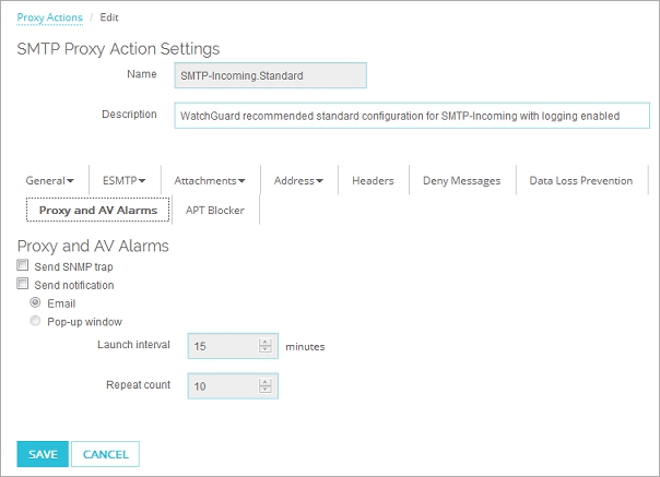 Proxy SMTP : Alarmes proxy et AV